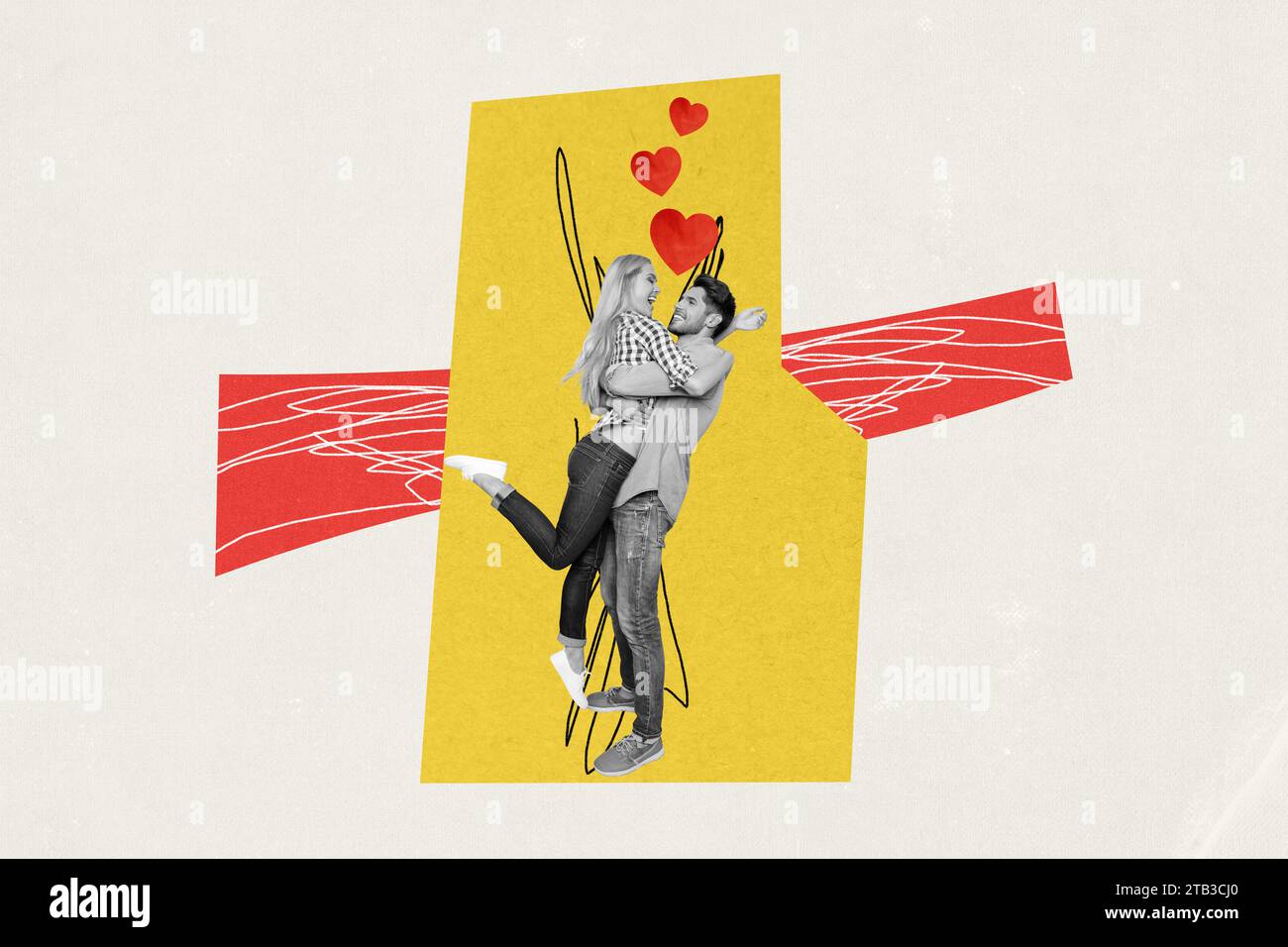 Creative poster collage picture lovely enchanted young couple hug lift ...