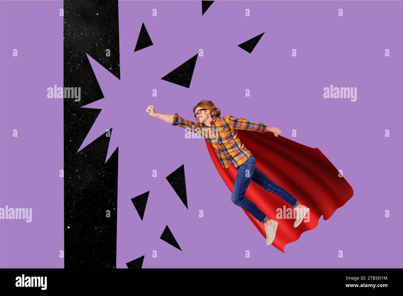 Composite collage artwork of strong superhero hand fist hitting drawn ...