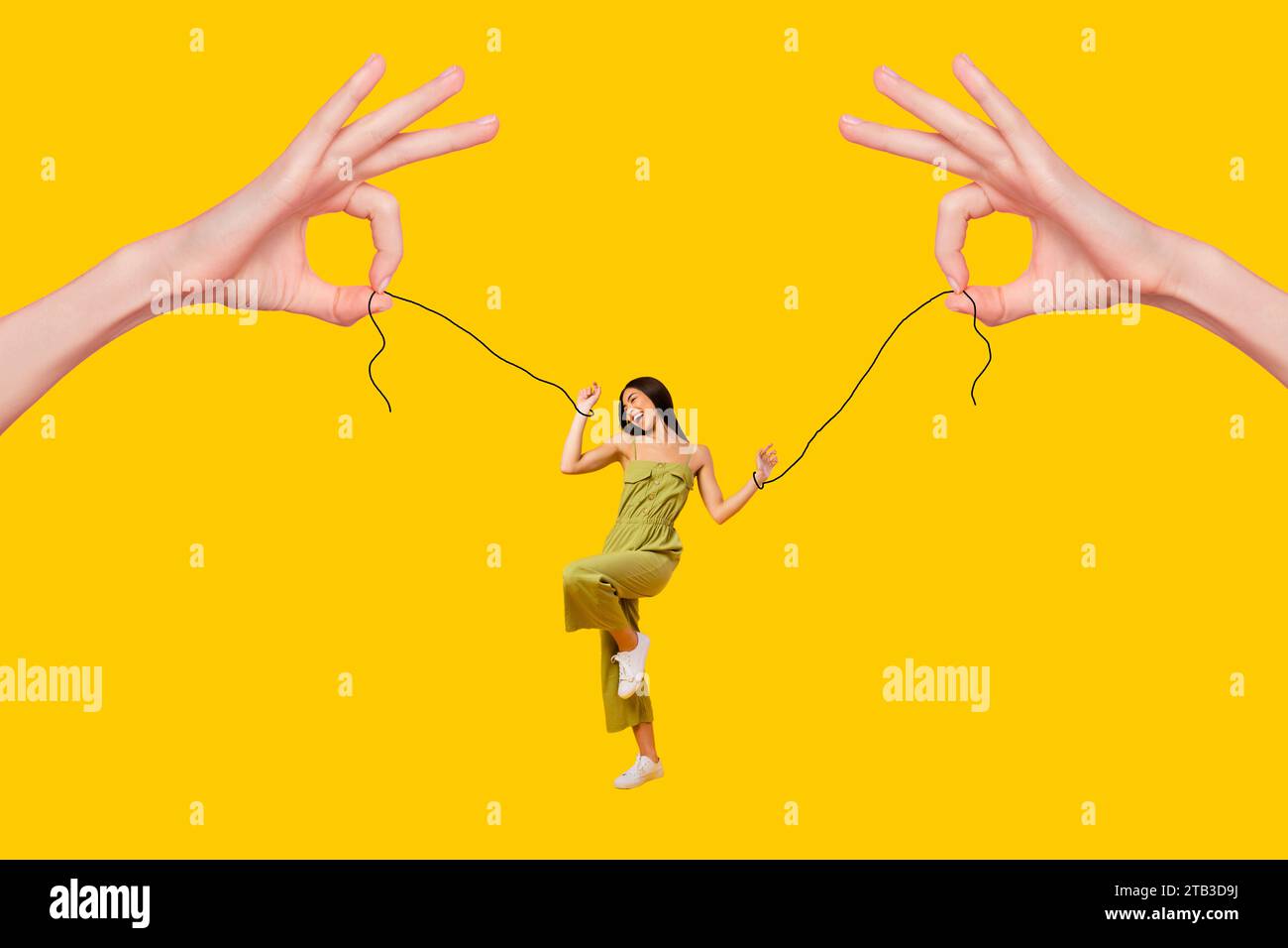Picture illustration collage of hands holding manipulating funny woman ...