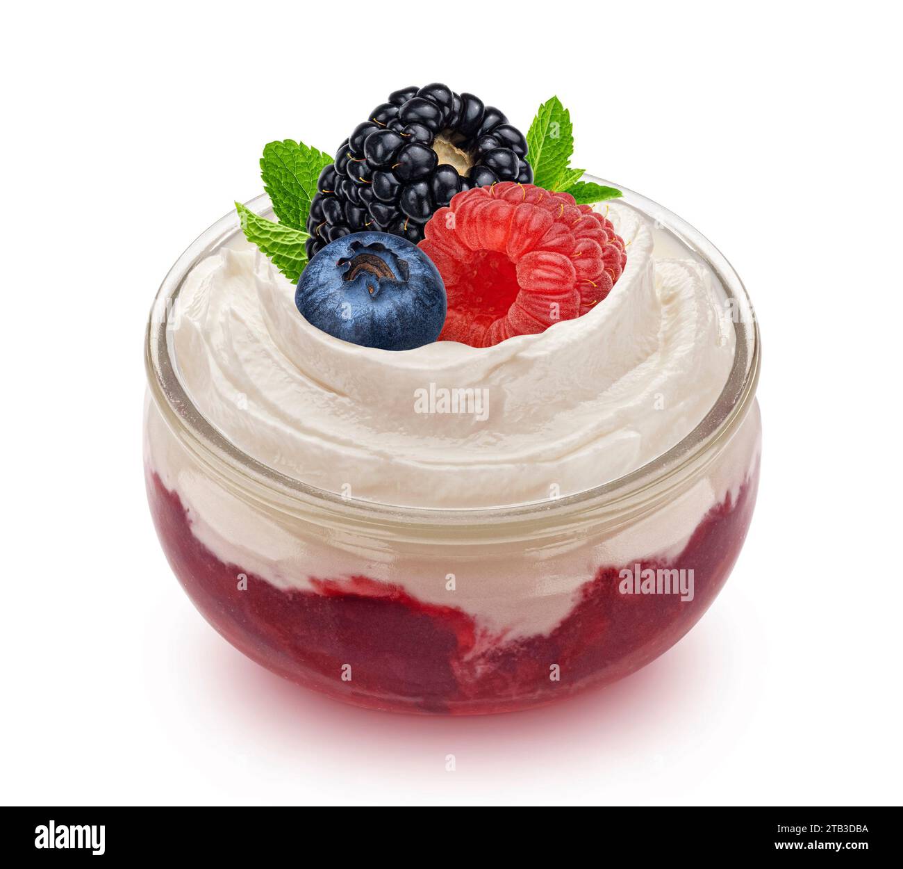 Glass jar of yogurt with forrest berry mix jam isolated on white ...