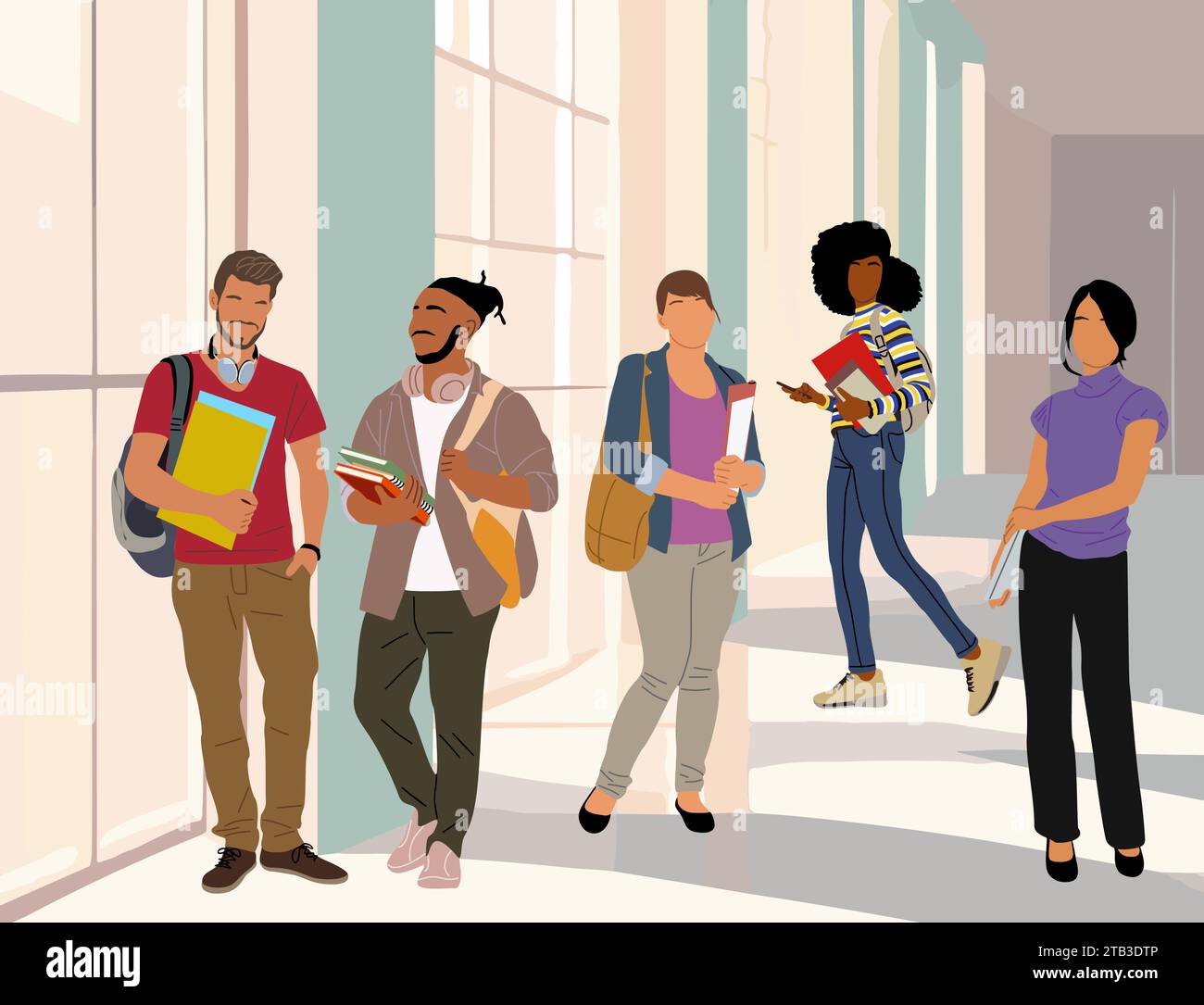 Diverse student standing walking in school hallway Stock Vector Image ...