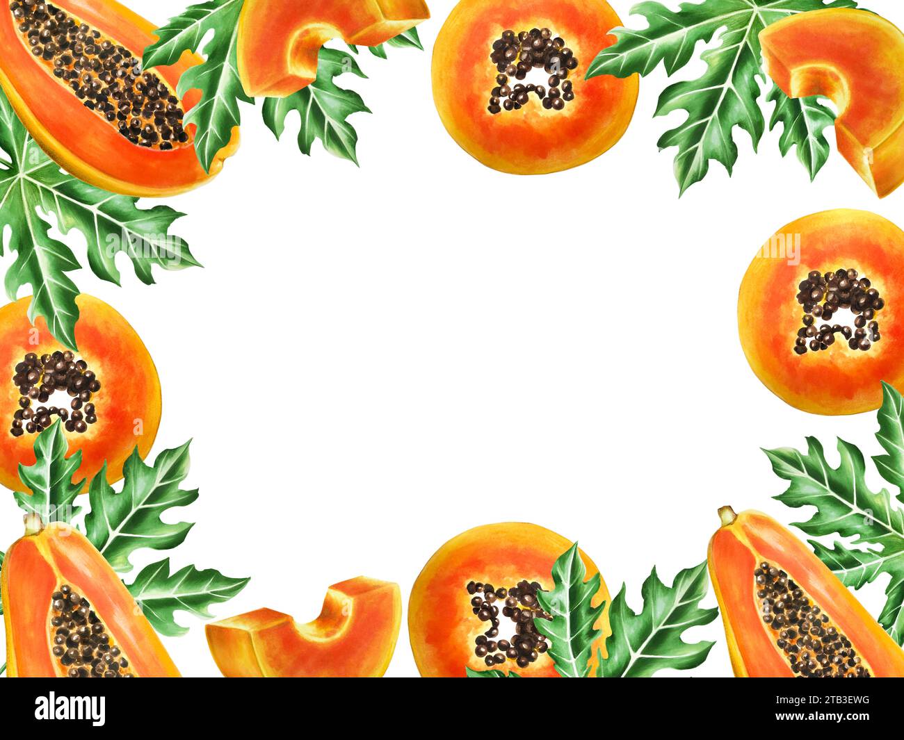 Marker frame and templates with sweet ripe slice of papaya with grains ...