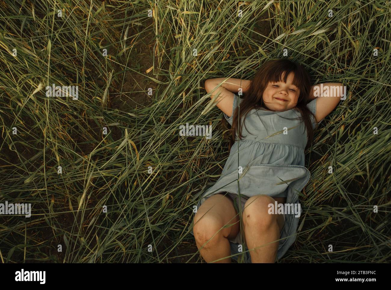 Portrait of a little girl lying on the green grass. View from above ...