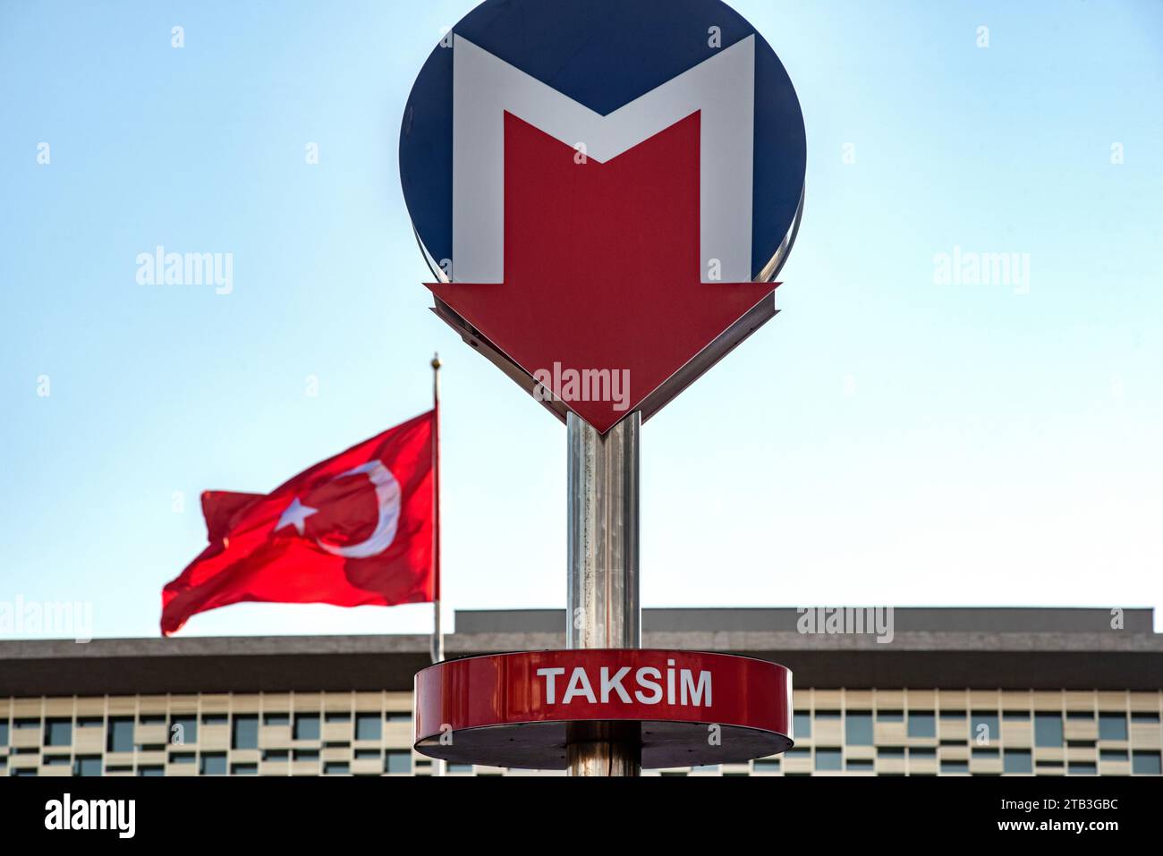 Istanbul, Turkey. 21st Nov, 2023. Red, White and Blue Sign for Taksim ...