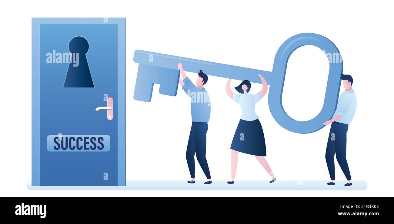 Businessmen with big key standing in front of door with keyhole ...