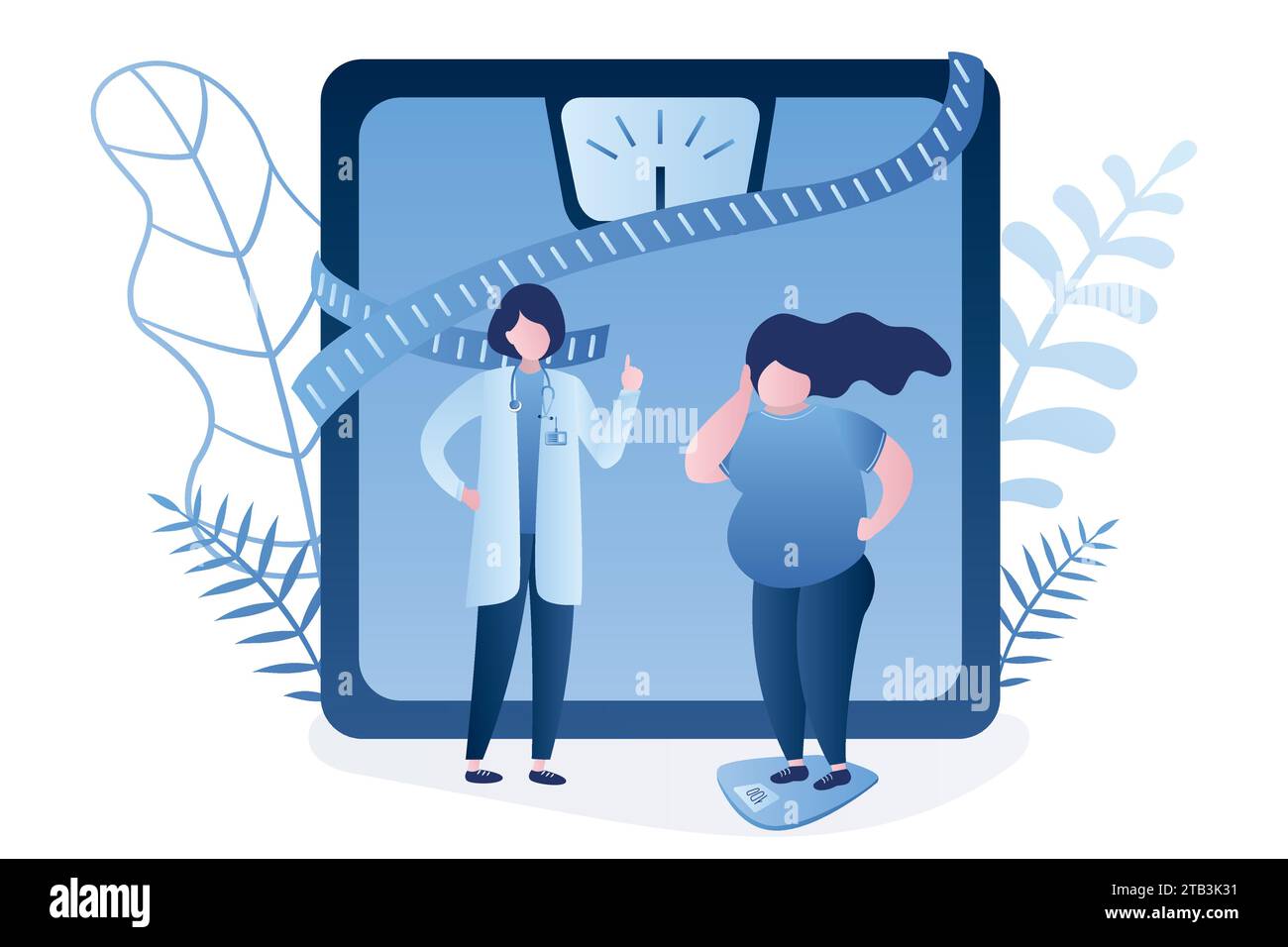 Female doctor specialist and overweight woman on scales. Obesity health ...