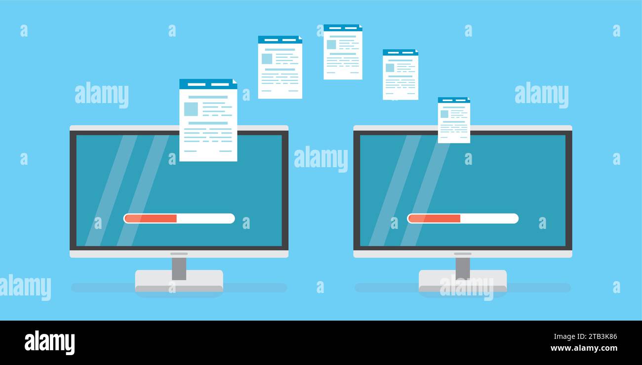 Exchanging files. Two modern computer monitors. Copying files between ... Exchanging files. Two modern computer monitors. Copying files between ...