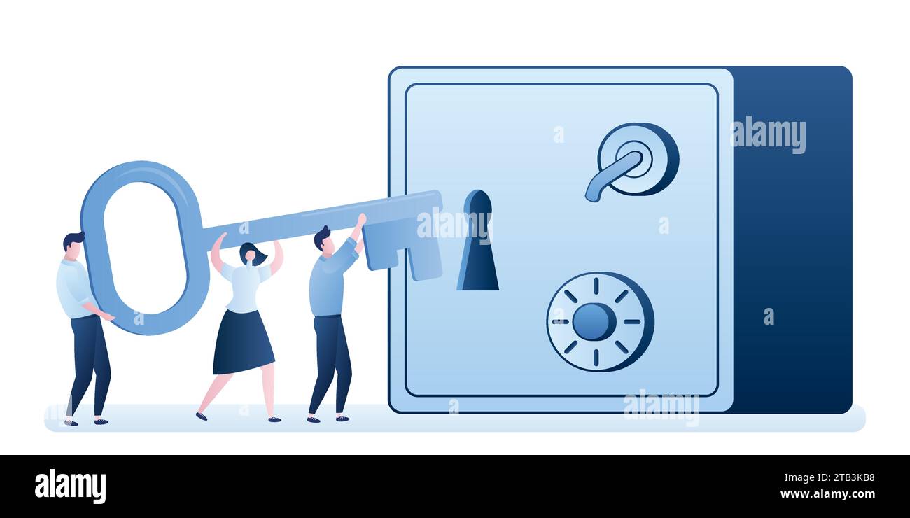 Metal deposit safe with key hole and business people holding big key ...