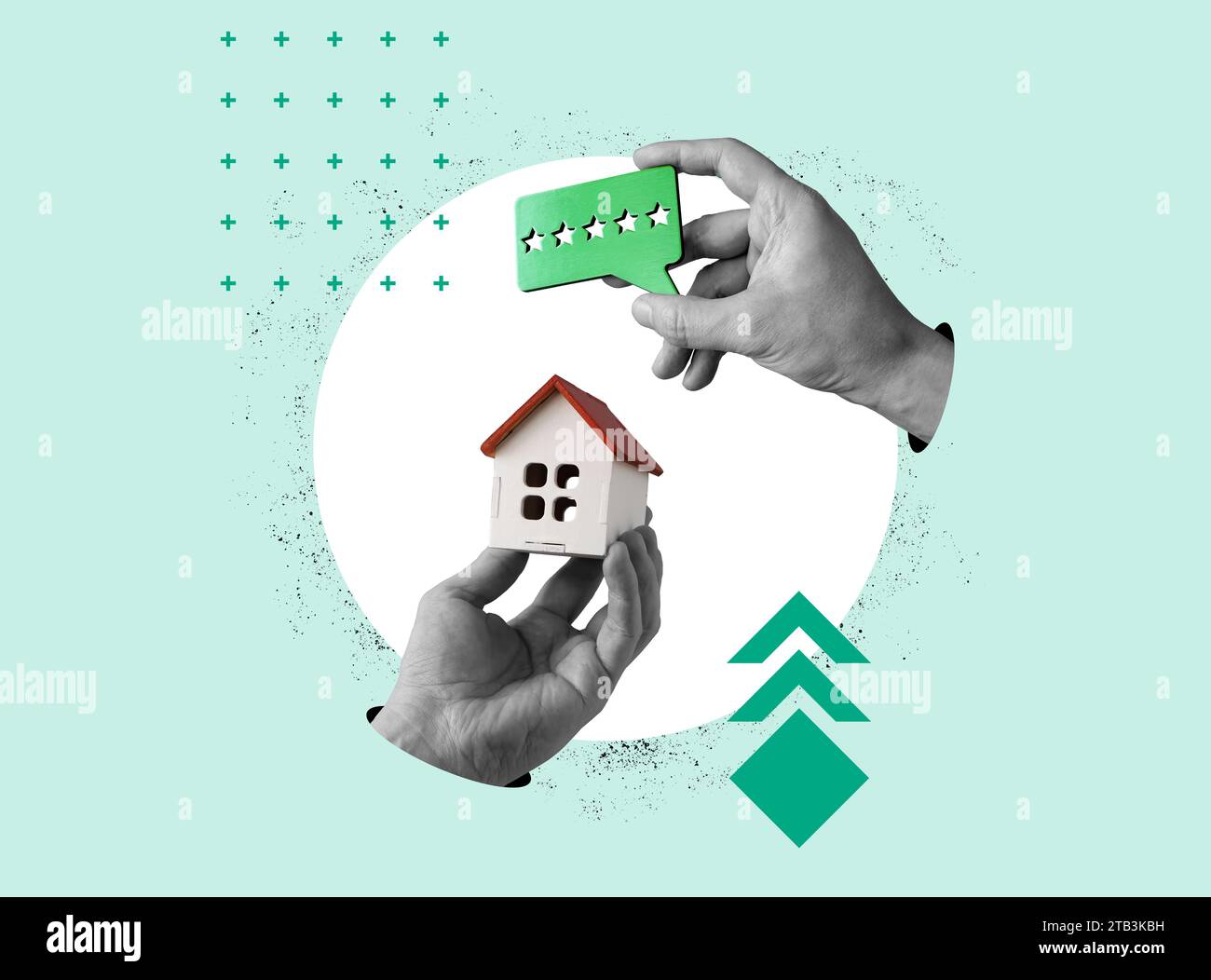 Real estate valuation. Collage with a hand holding a house and a good ...