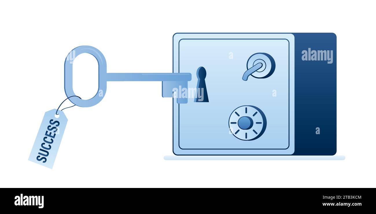 Metal safe with key hole and big key with success label. Successful ...