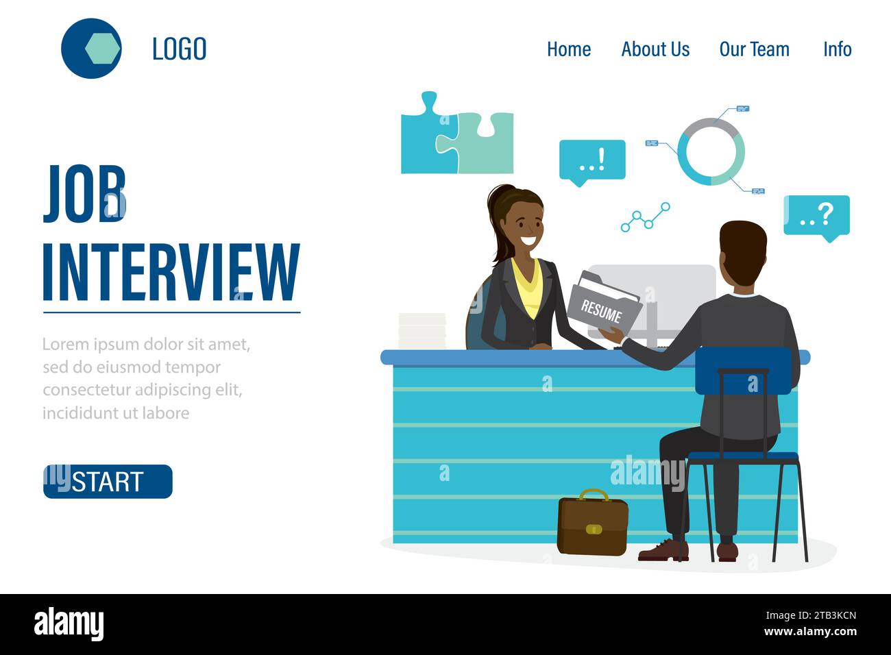 Job Interview Landing Page template. Cartoon african american female HR specialist on workplace ...