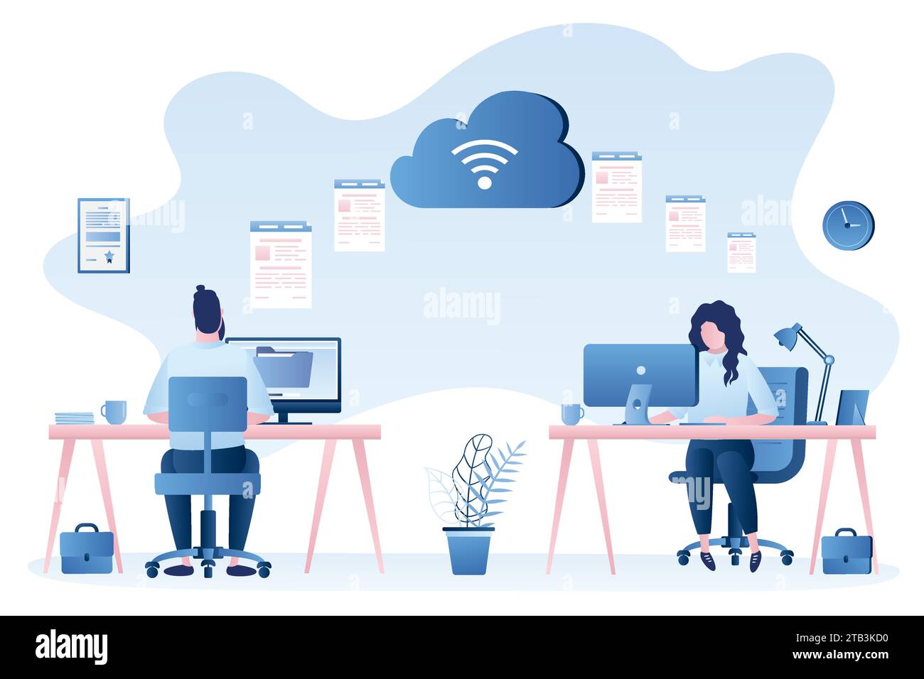 Exchanging files. Two modern workplace, businesspeople upload and ...