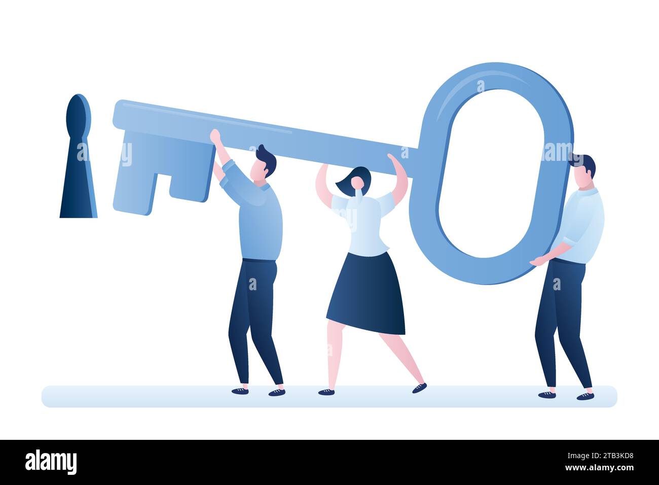 Businessmen standing in front of a keyhole with big key. Business team ...