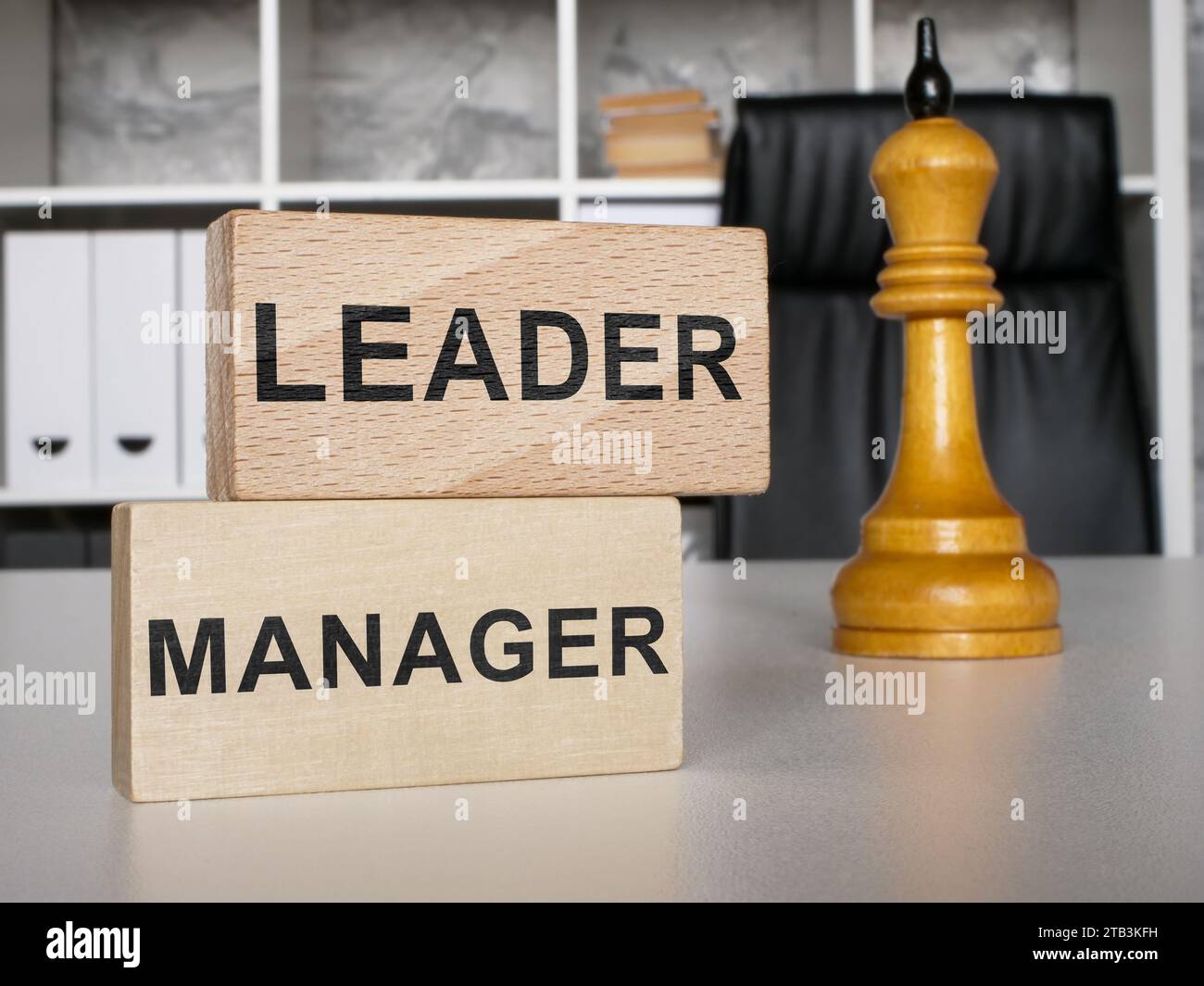 A figurine of a chess king and the inscriptions leader and manager ...