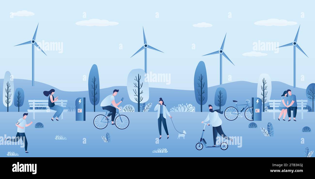 Various people rest and walking in the public park. Characters enjoying ...