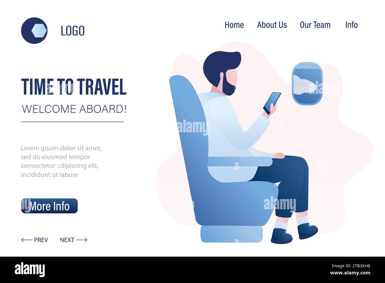 Time to travel,welcome aboard landing page template. Passenger in plane ...