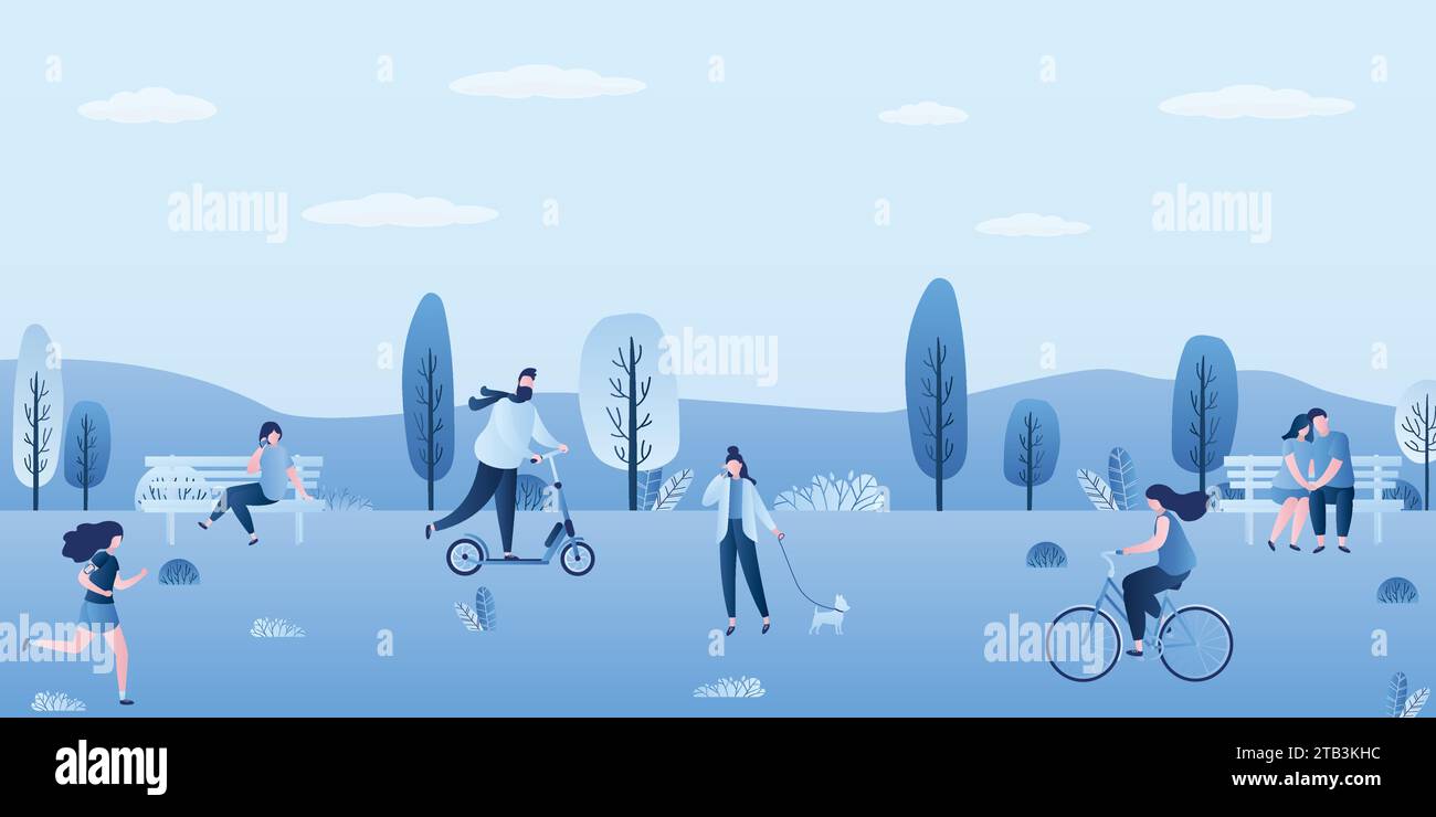 Various people walking in the public park. Male and female characters ...