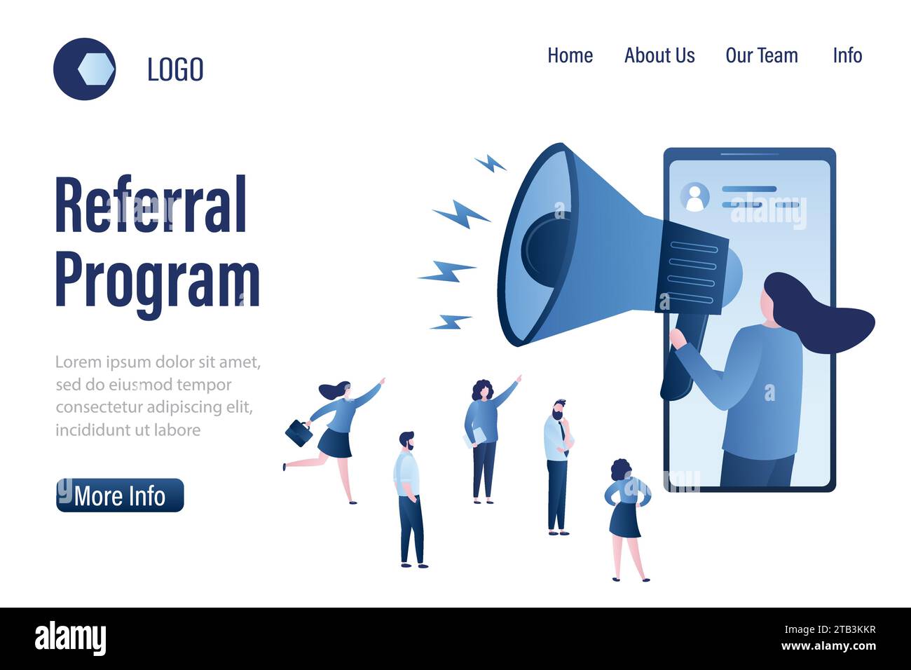 Referral program landing page template. Woman with loudspeaker and ...
