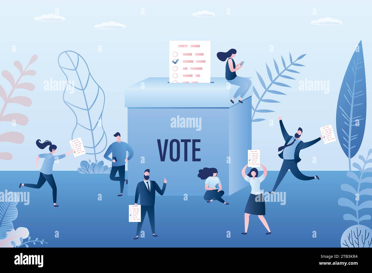 Group of people holding paper ballot pages. Online vote, electronic ...