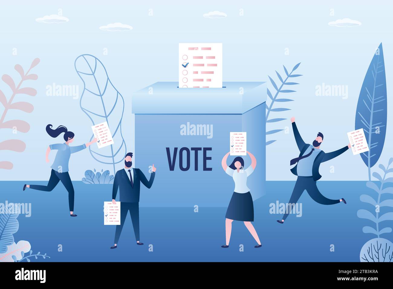 Group of people holding paper ballot pages. Big ballot box with text ...