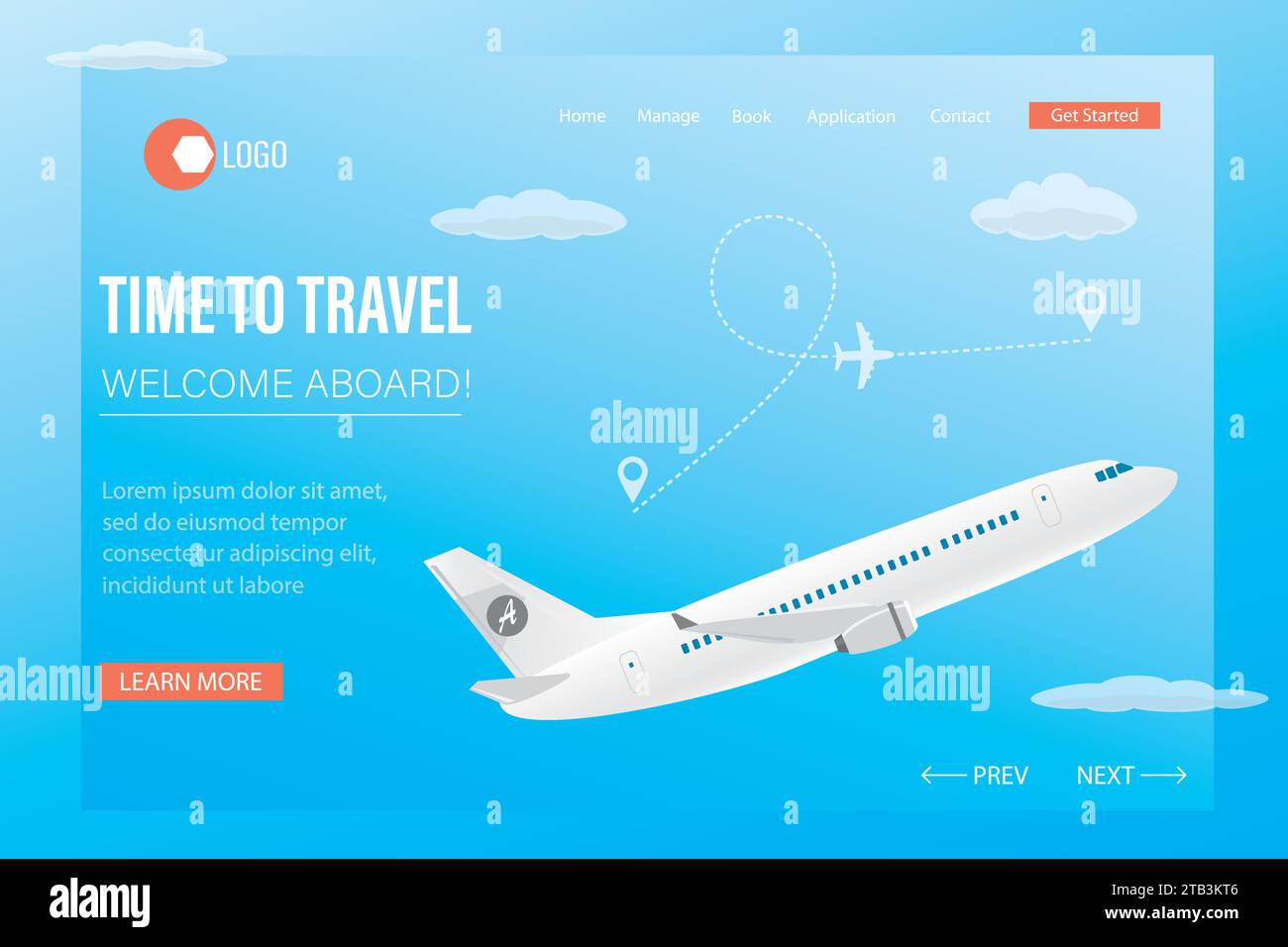 Time to travel,welcome aboard- landing page template. White airplane ...