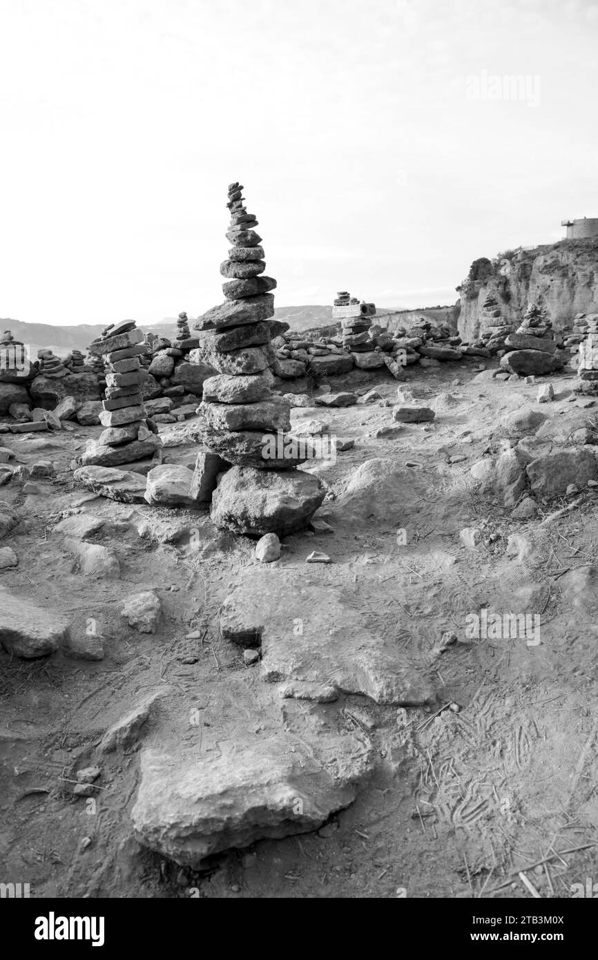 Stacked rocks on the mountain in Spain. Monochrome picture Stock Photo ...