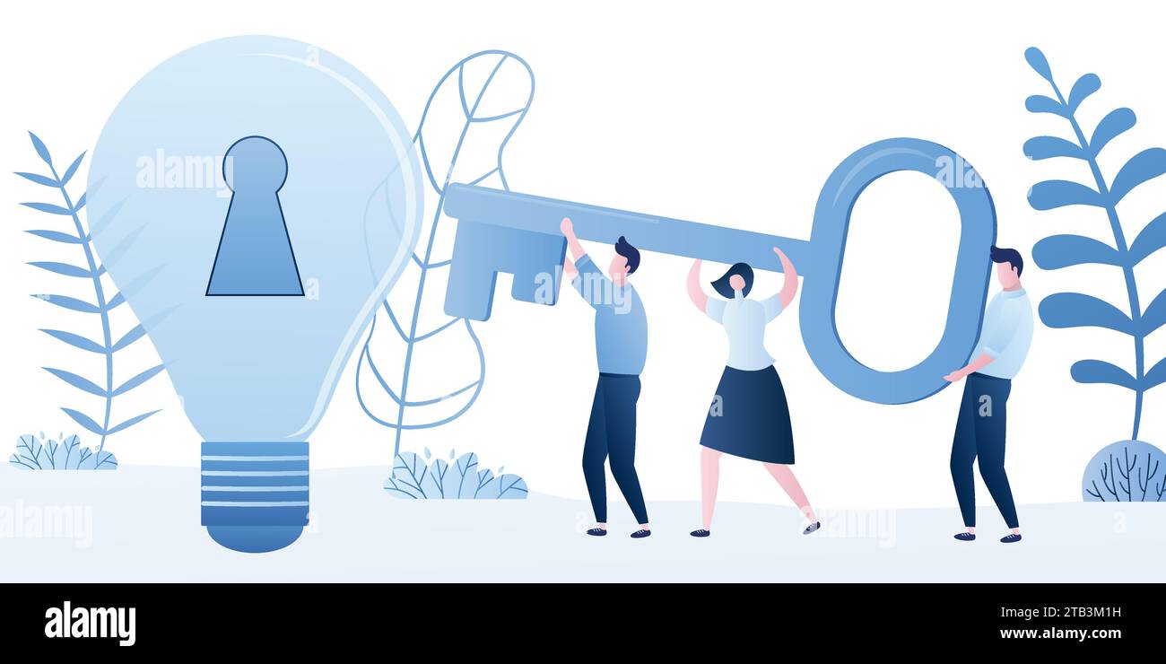 Big idea bulb with key hole and business people holding key. Successful ...