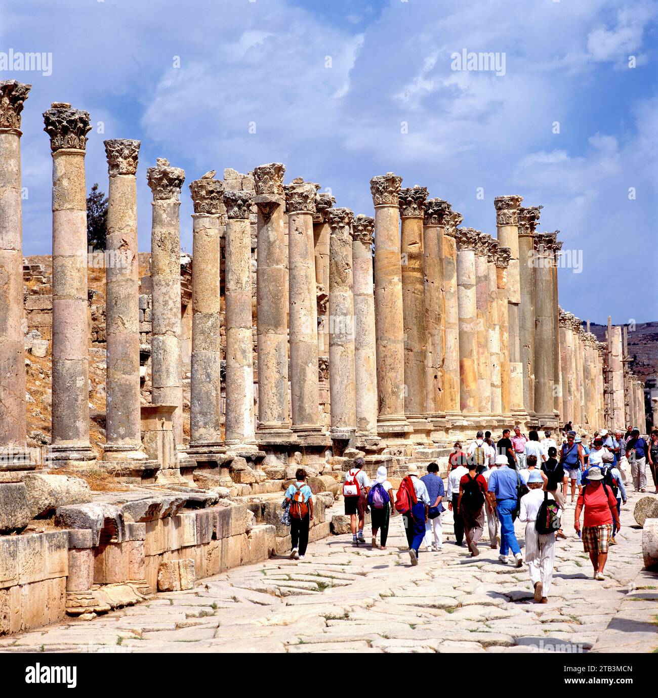 JERASH,JORDAN-MAY 14, 2018: Tourists visit the ruins of the Colonnade ...