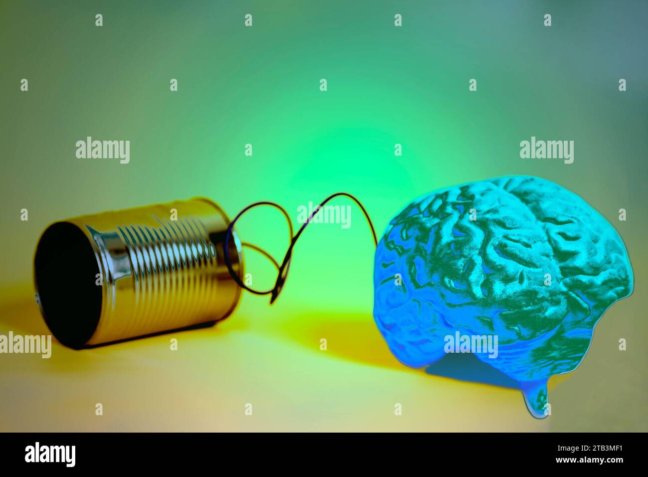 tin can phone with human brain anatomical model. communication concept ...