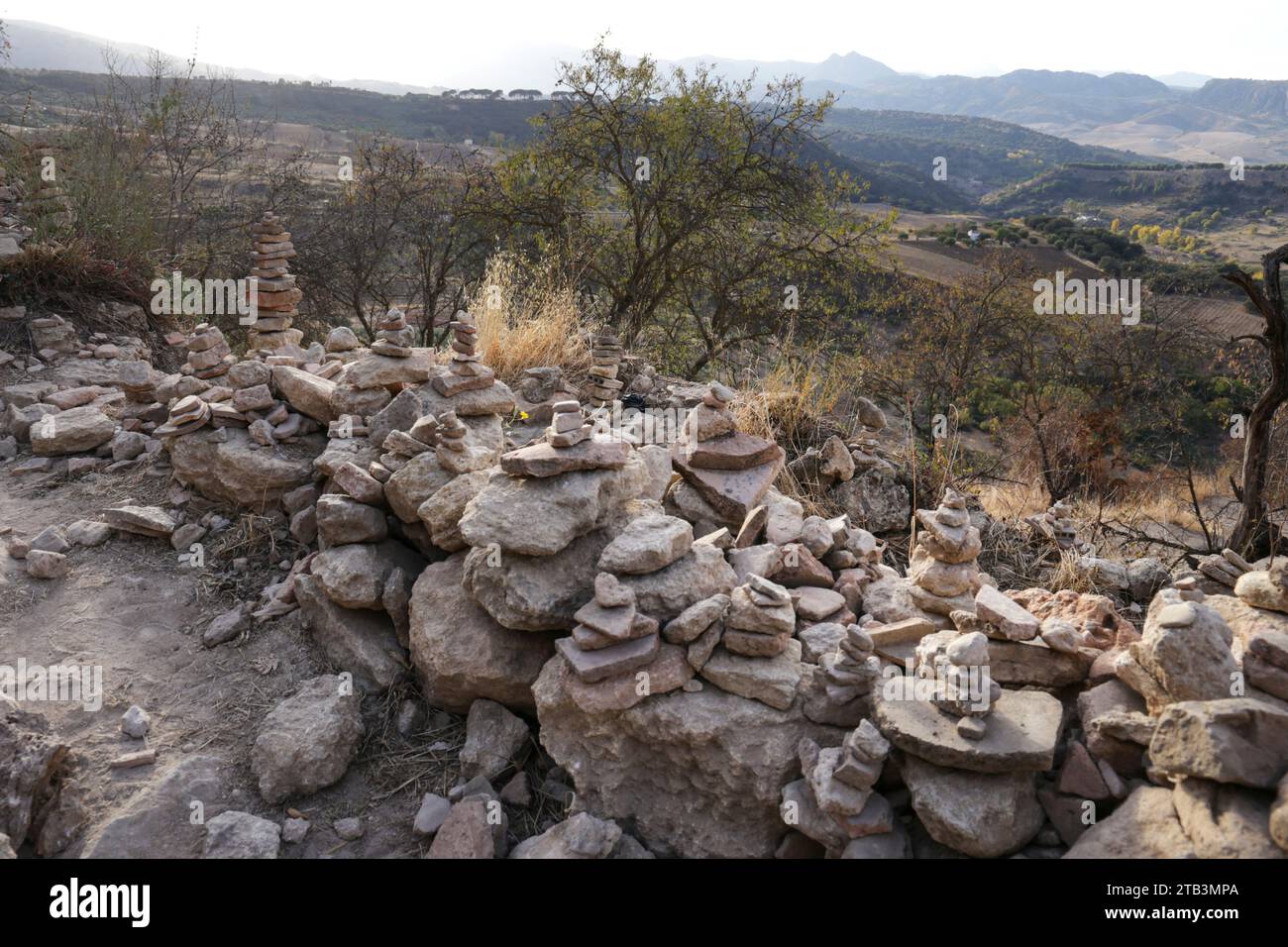 Stacked rocks on the mountain in Spain. Monochrome picture Stock Photo ...