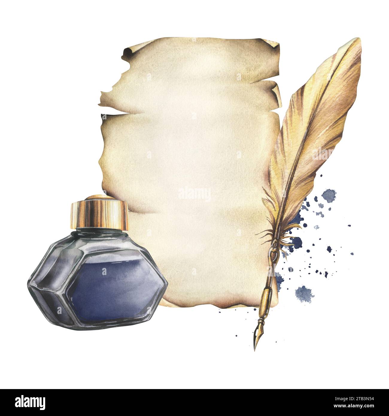 Writing supplies: papyrus paper, gold pen, ink in a glass jar. Hand ...