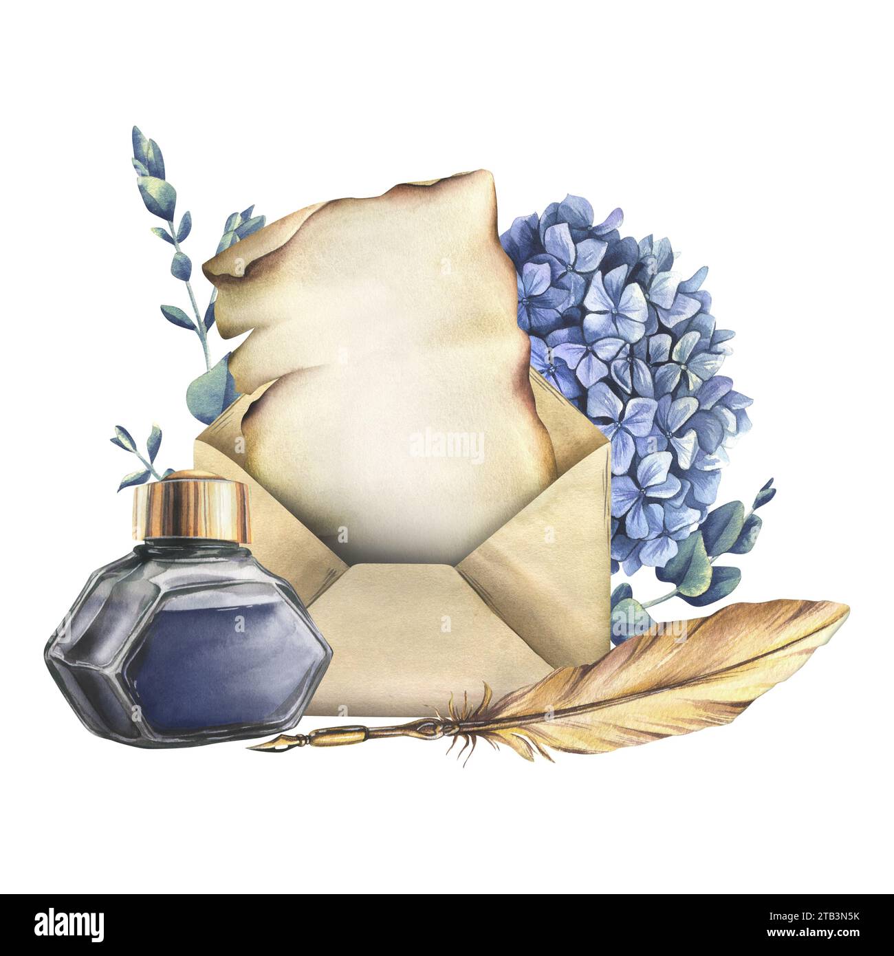 Writing supplies: papyrus paper in craft envelope, gold feather, ink in ...