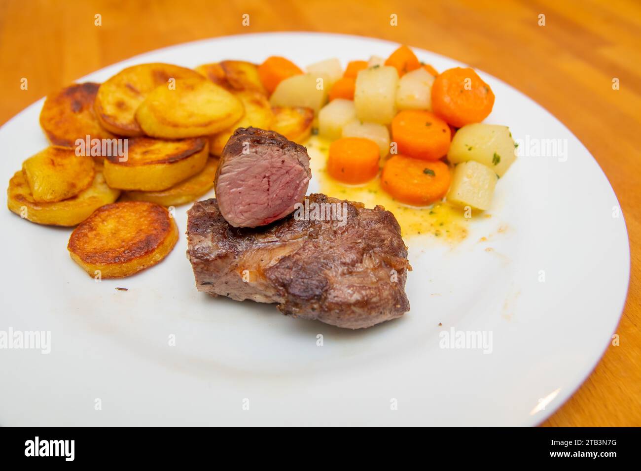 Wild boar loin (young wild boar loin) with fried potatoes and root ...