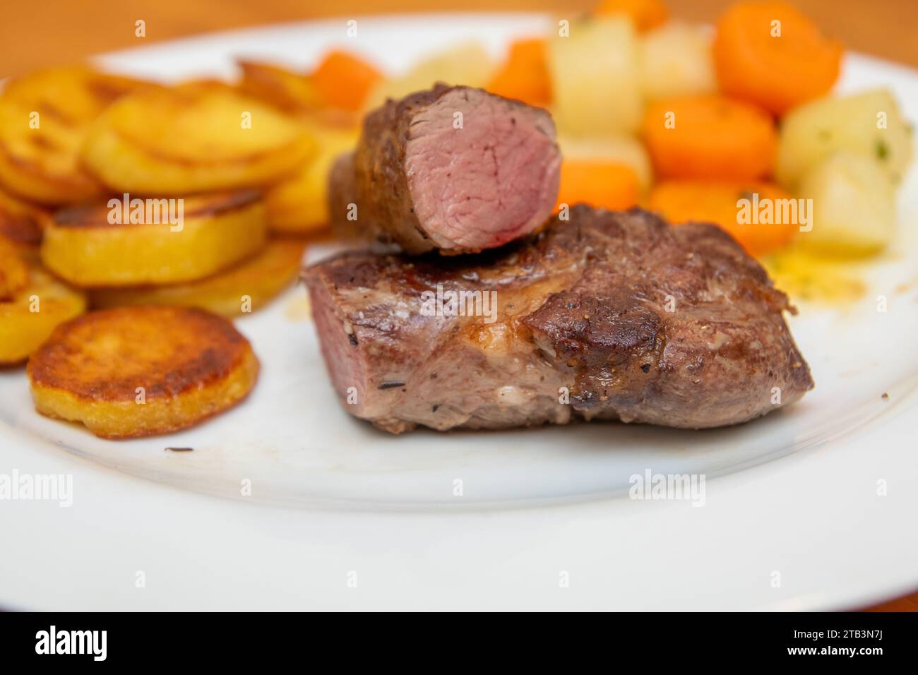 Wild boar loin (young wild boar loin) with fried potatoes and root ...