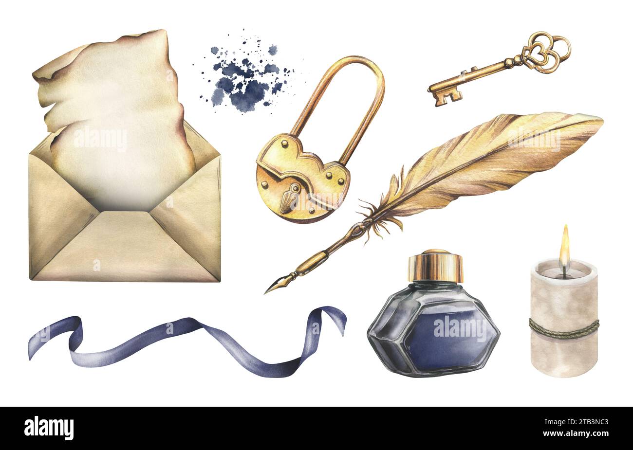 Writing supplies: papyrus paper in craft envelope, gold pen, ink in a ...