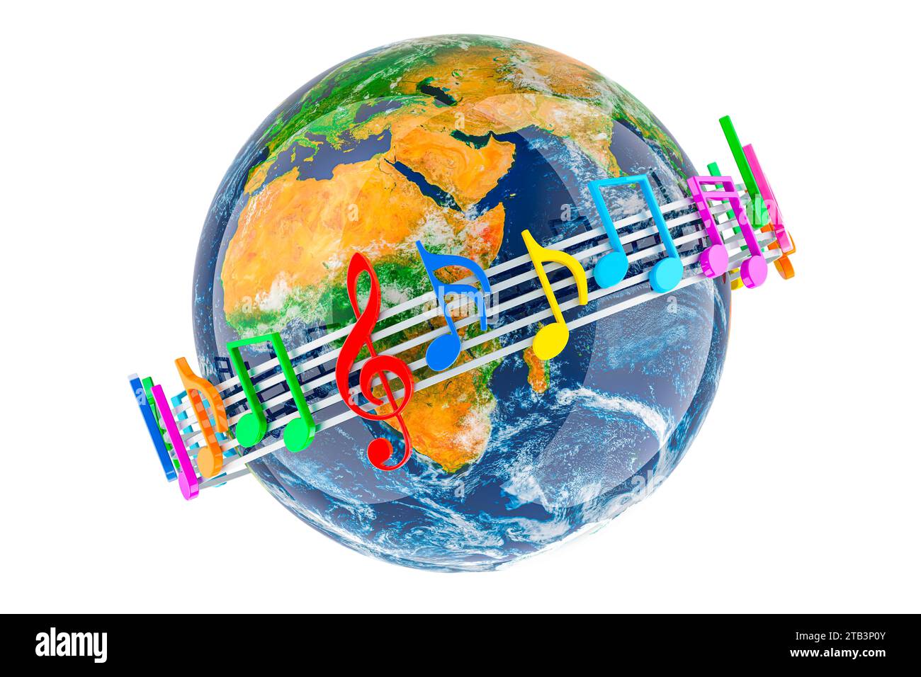 Earth Globe with colored musical notes around, 3D rendering isolated on ...
