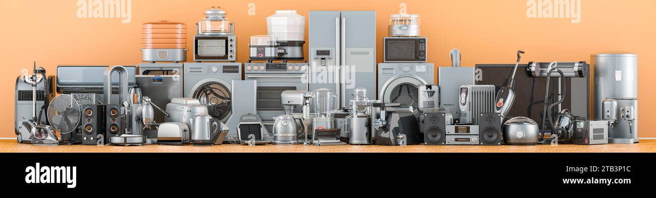 Kitchen and household appliances, silver color in room on the floor, 3D ...