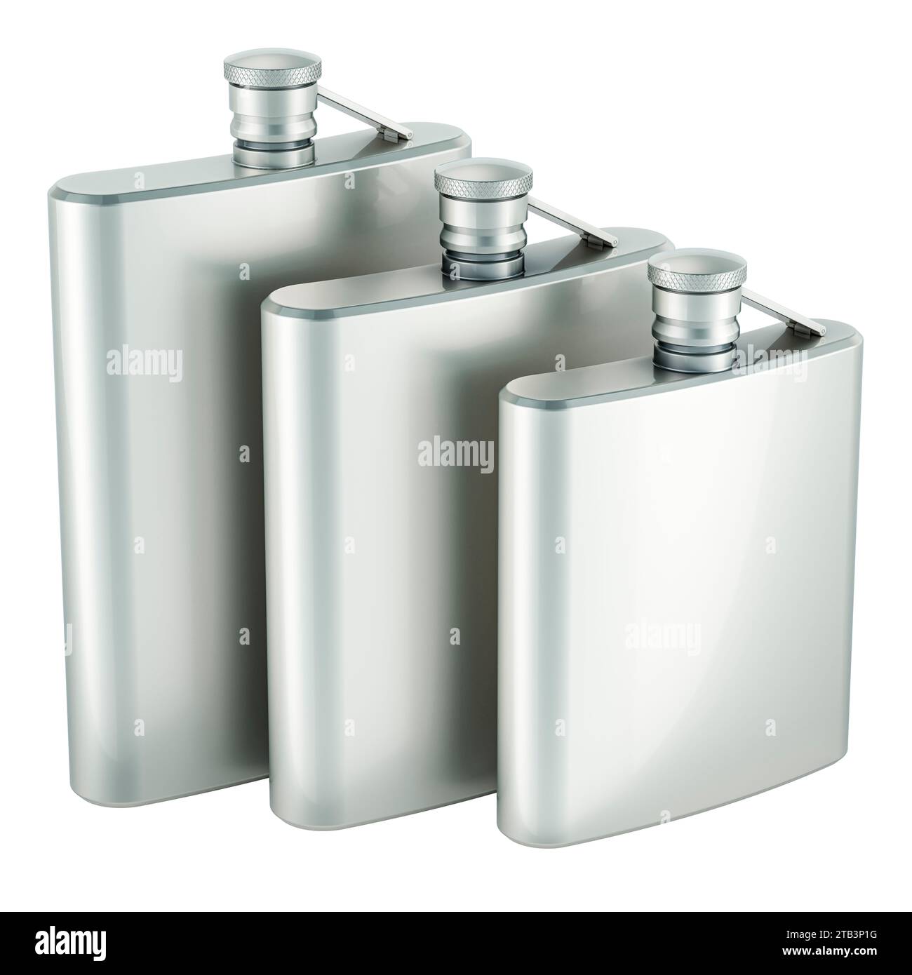 Set of silver hip flasks, 3D rendering isolated on the white background ...