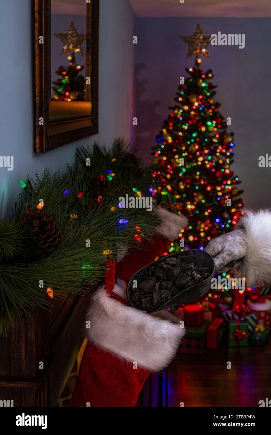 Santa Claus using a scope to put coal into a stocking hanging on ...