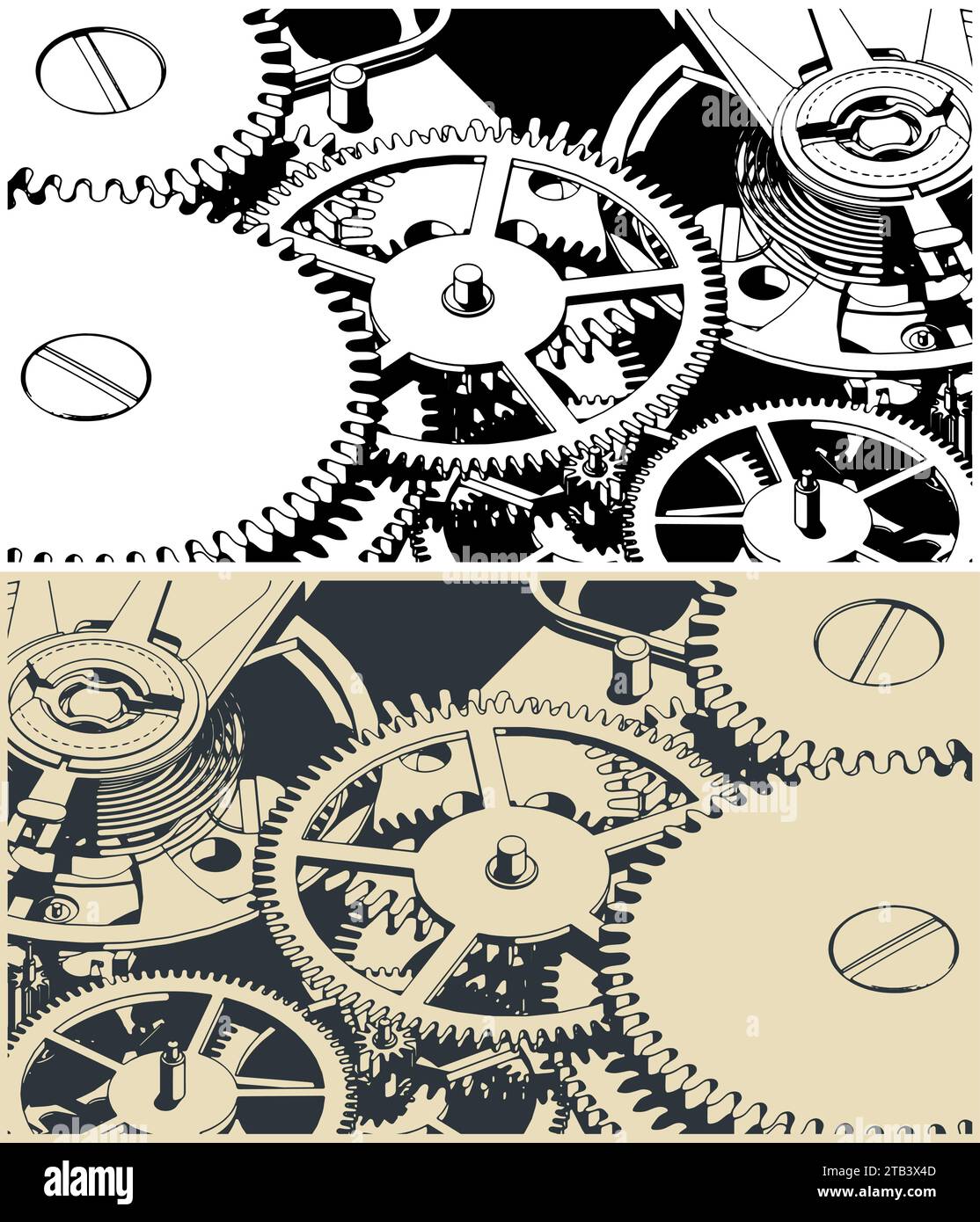 Stylized vector illustrations of a clock mechanism close-up Stock ...