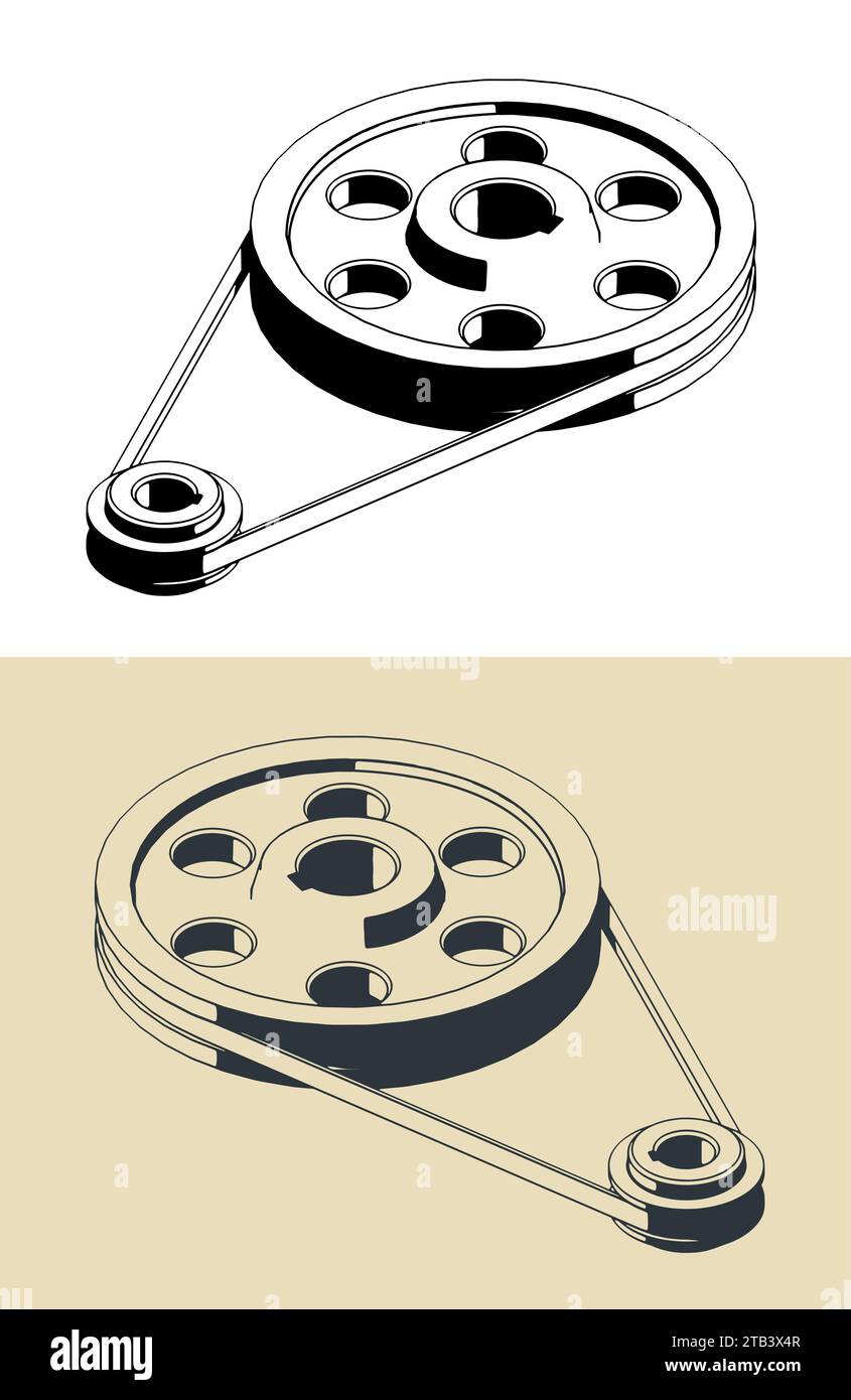 Stylized vector illustrations of belt and pulley. Belt drive close up ...