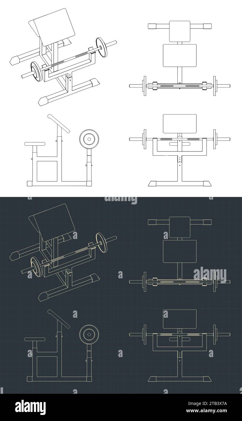 Stylized vector illustration of blueprints of preacher curl machine ...