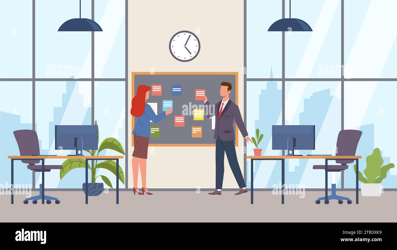 Bulletin board on wall in office filled with employee tasks. Man and ...