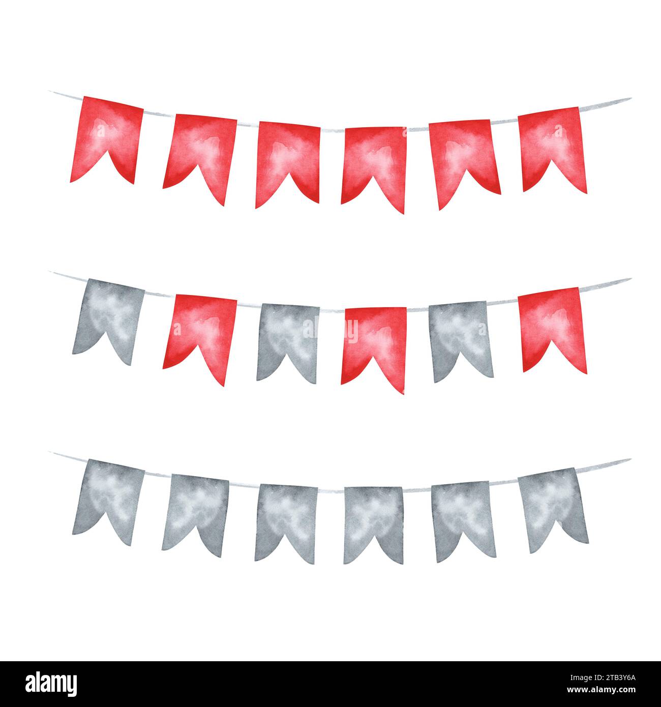 Watercolor illustration collection of red and grey flag buntings set ...