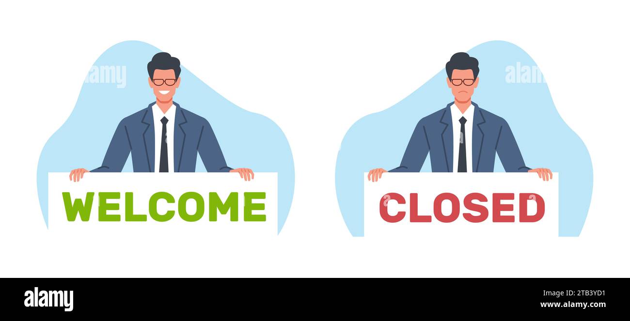 Man in suit with sign saying welcome and closed. Male character, hold ...