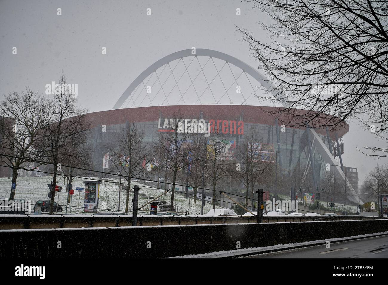 COLOGNE, GERMANY - 4 DECEMBER, 2023: Lanxess Arena during snowfall in ...