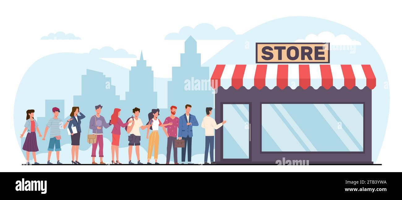 People stand in line in front of doors to store. Male and female ...