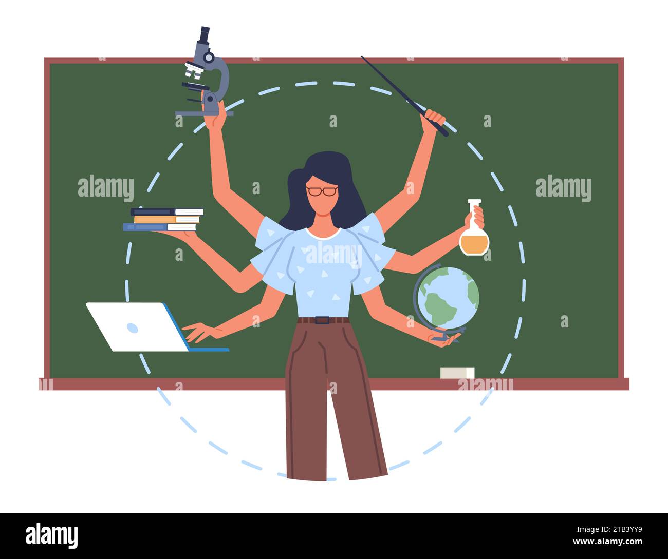 Multitasking schoolteacher standing at blackboard. Woman with many ...