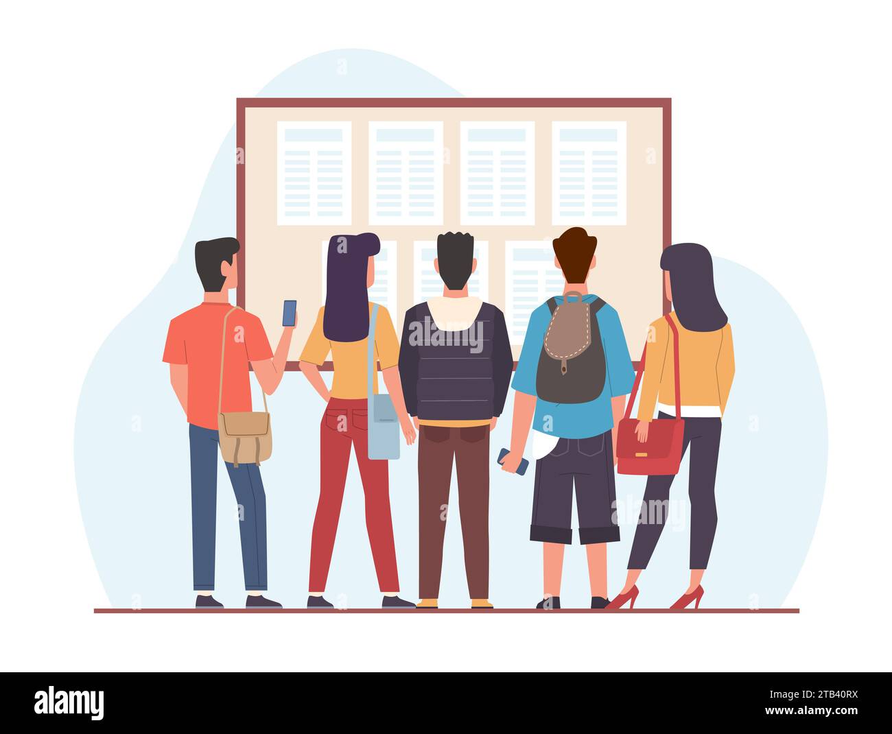 Students look at class schedule. Back view young people in college or ...