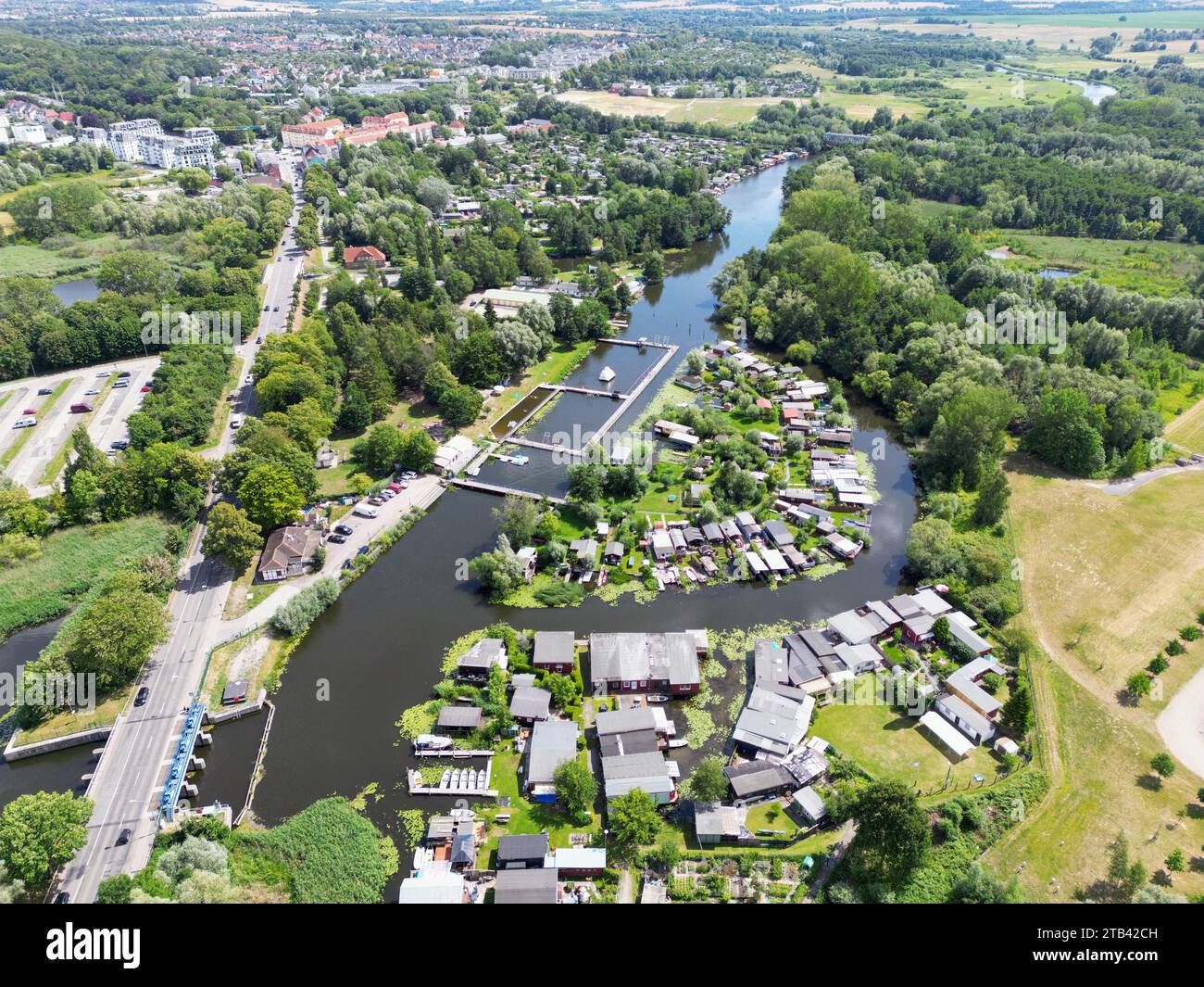 View of the Rostock river pool in the river Warnow Stock Photo - Alamy